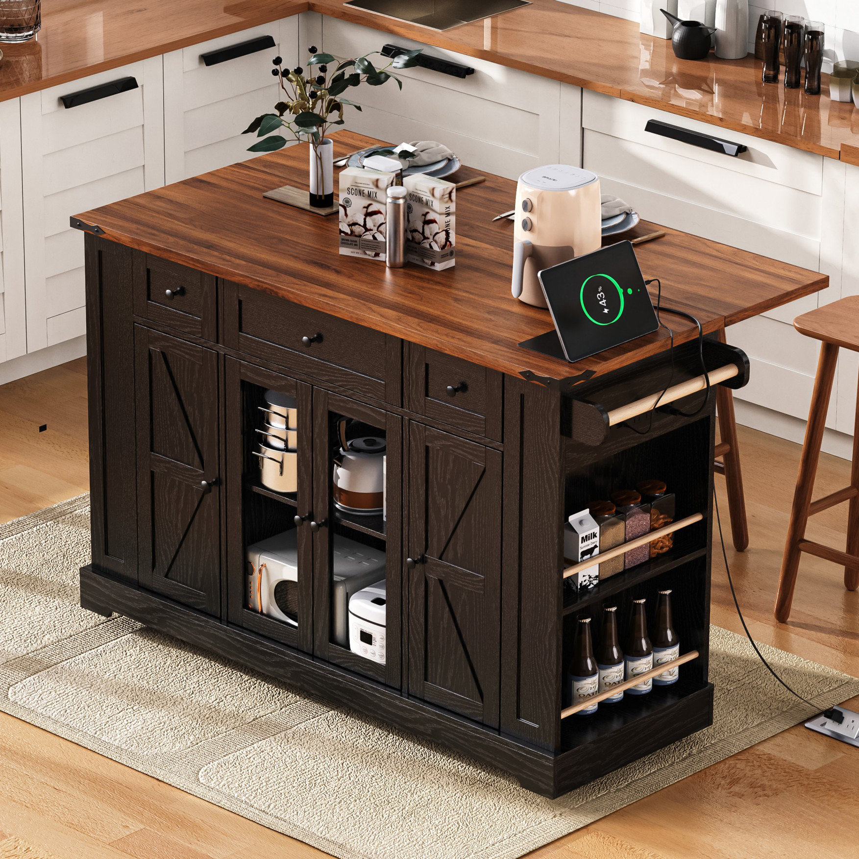 Lark Manor™ Modern multi-functional kitchen island with two tempered ...