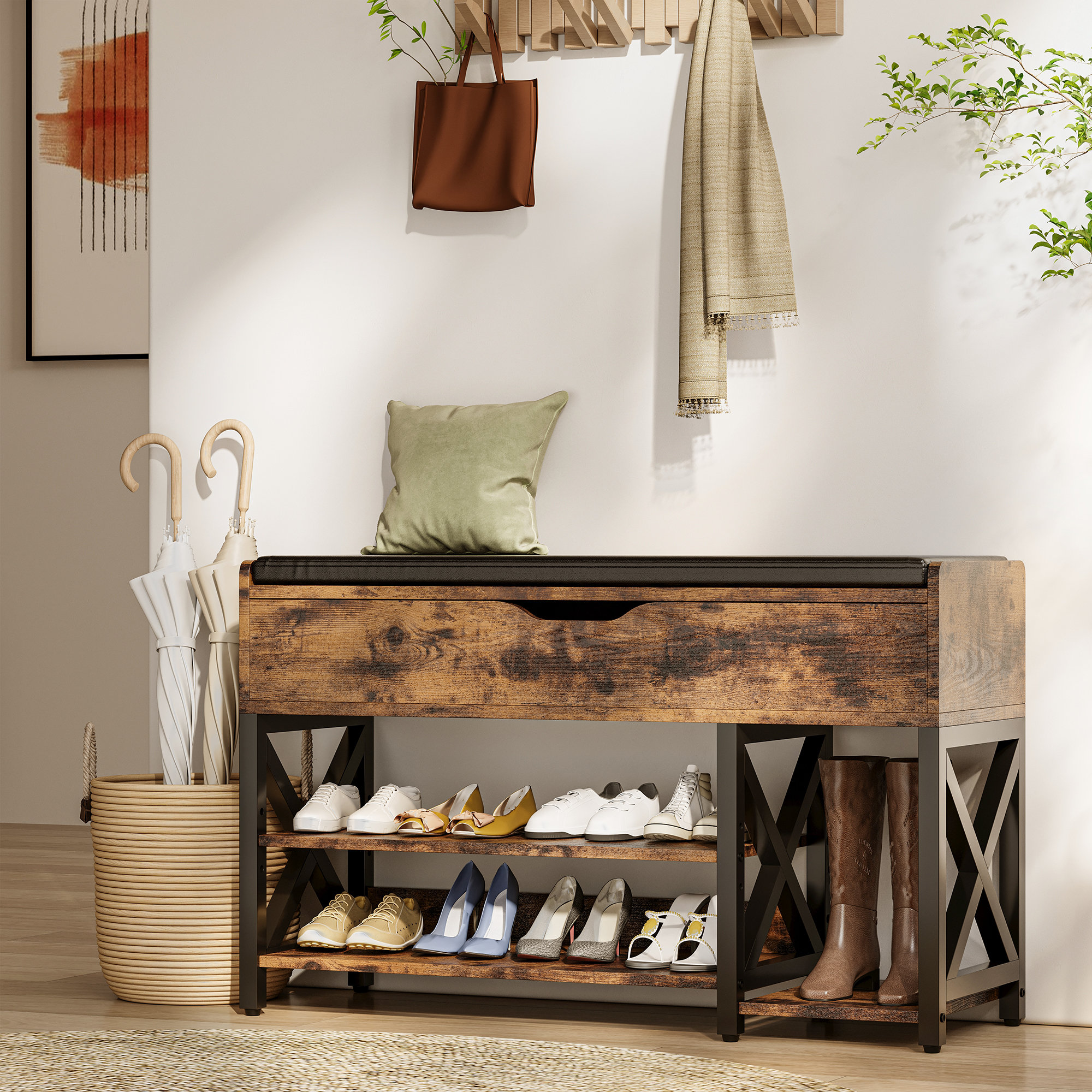 Gracie Oaks Shoe Storage Bench with Cushion, Entryway Shoe Bench Rustic ...