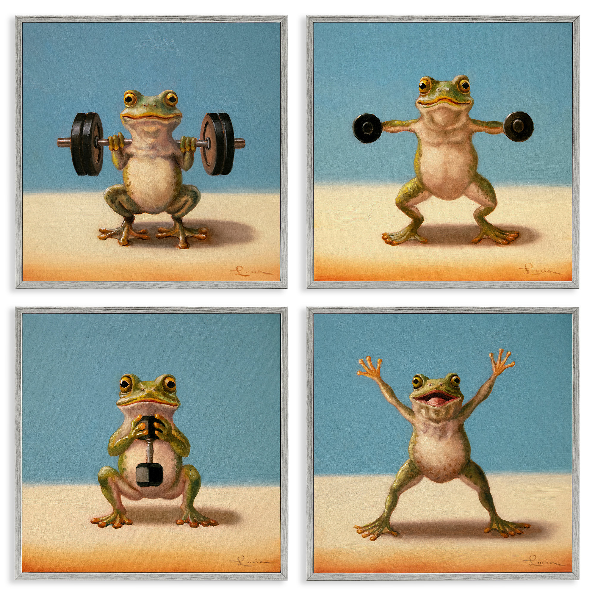 Latitude Run® Weightlifting Frogs Various Workouts 4pc Framed Giclee ...