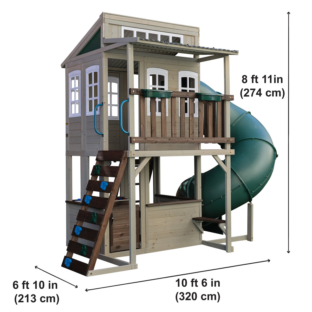 KidKraft Cozy Escape Wooden Outdoor Two-Story Playhouse with Slide ...