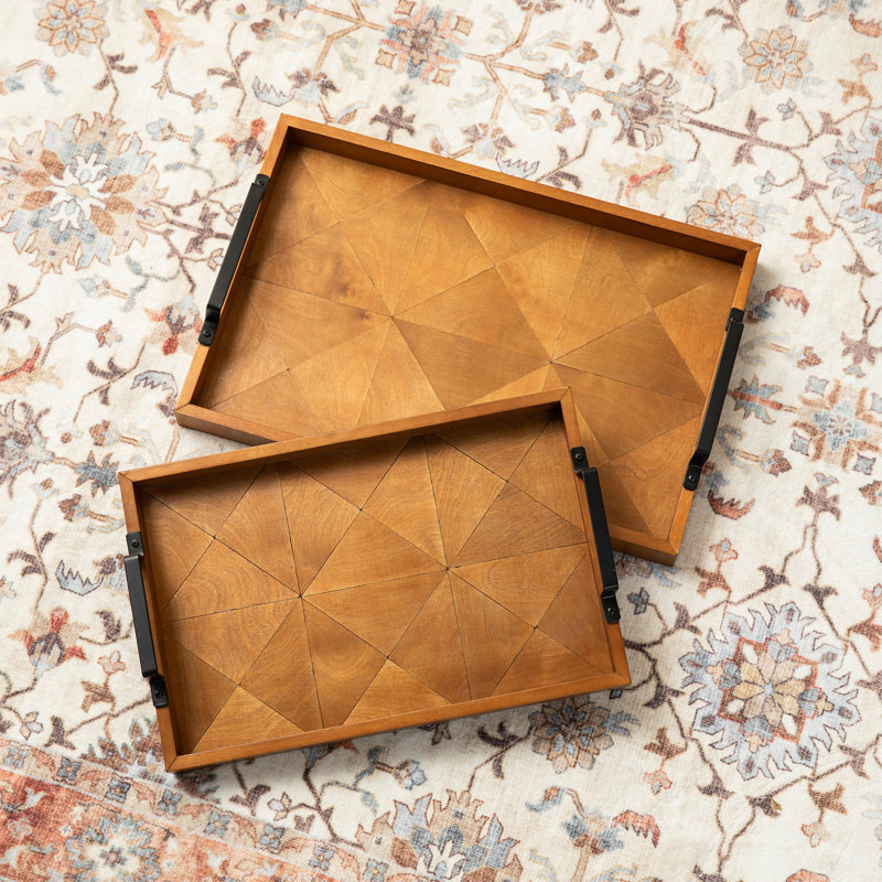 Lark Manor™ Rectangle Wooden Geometric Trays With Metal Handles | Wayfair