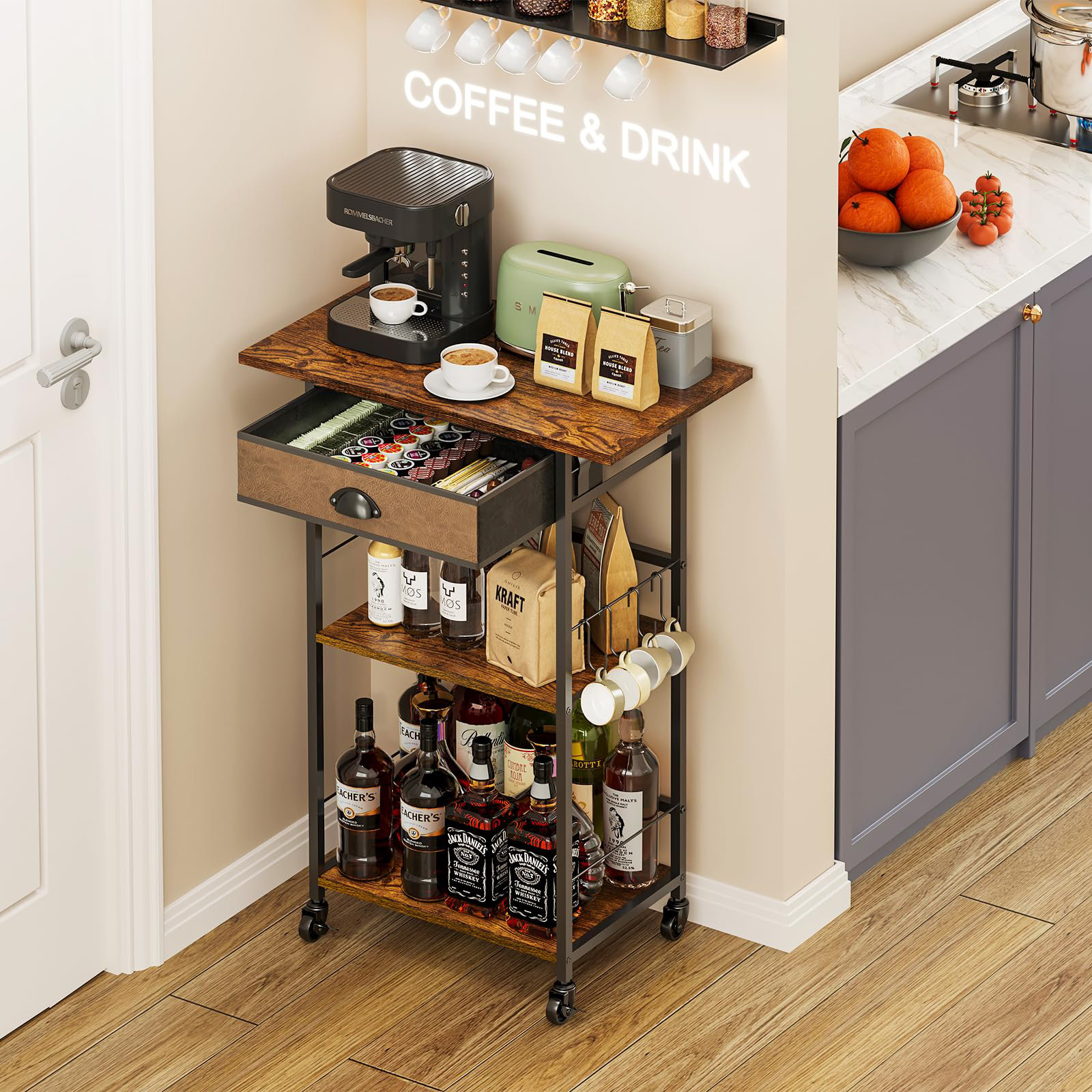 17 Stories Coffee Bar Station Cart With Storage Drawers 3 Tiers, Black ...