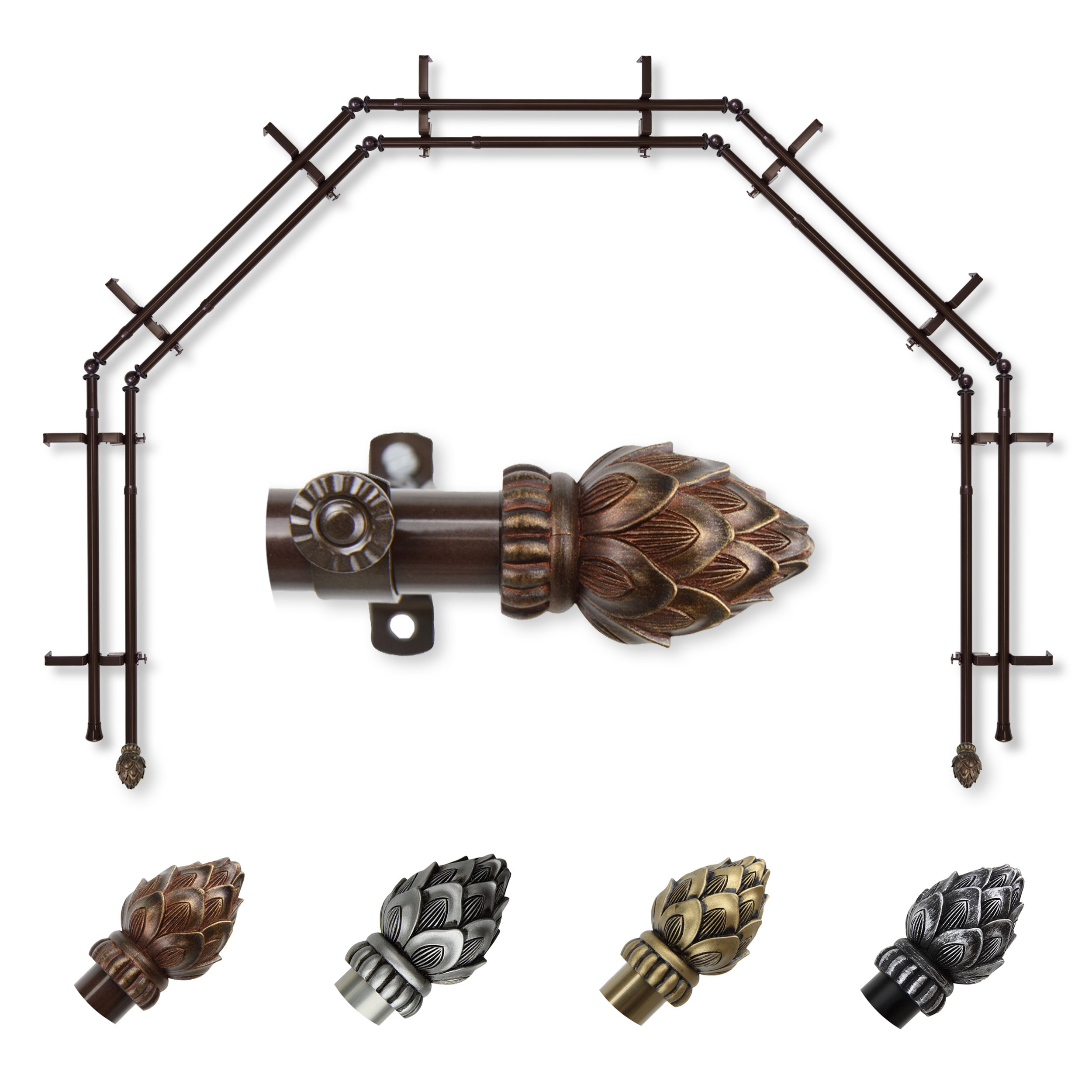 Rod Desyne Adjustable 28'' to 48'' 0.81'' Bay Window Double Curtain Rod ...