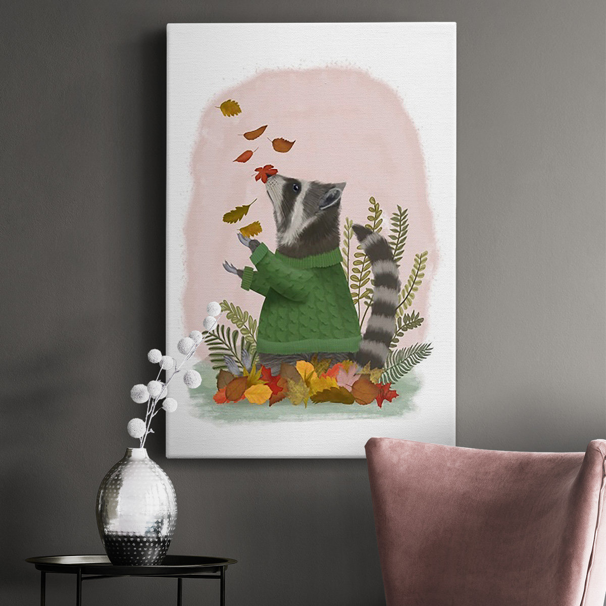 Trinx Raccoon Catching Leaves Premium Gallery Wrapped Canvas - Ready To ...
