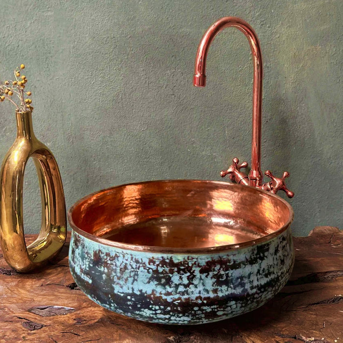 CUSTOmosaic Oxidized Copper Bathroom Sink Handmade Patina Bowl Round ...