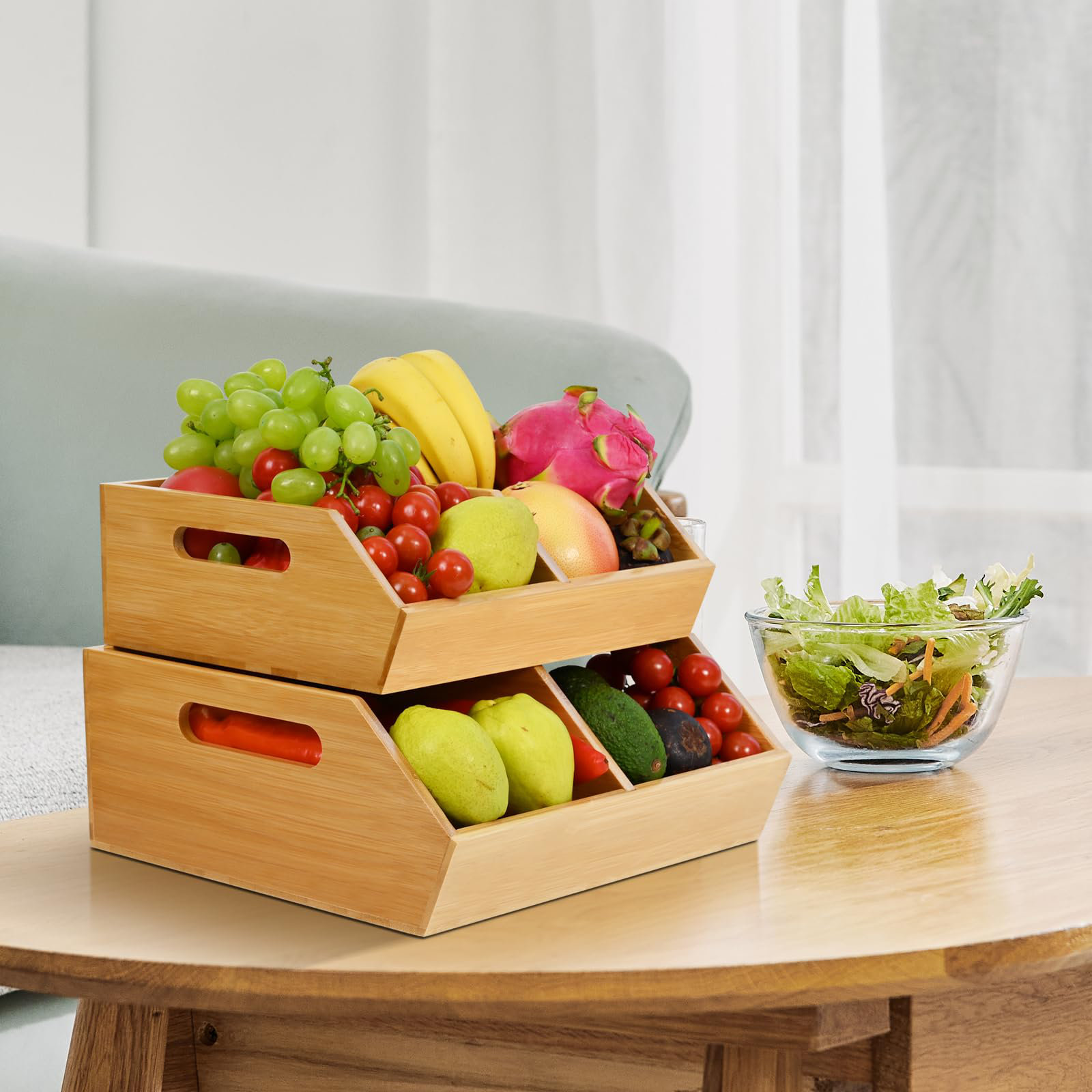 Prep & Savour 2-Piece Kitchen Bamboo Stackable Fruit Storage Basket ...