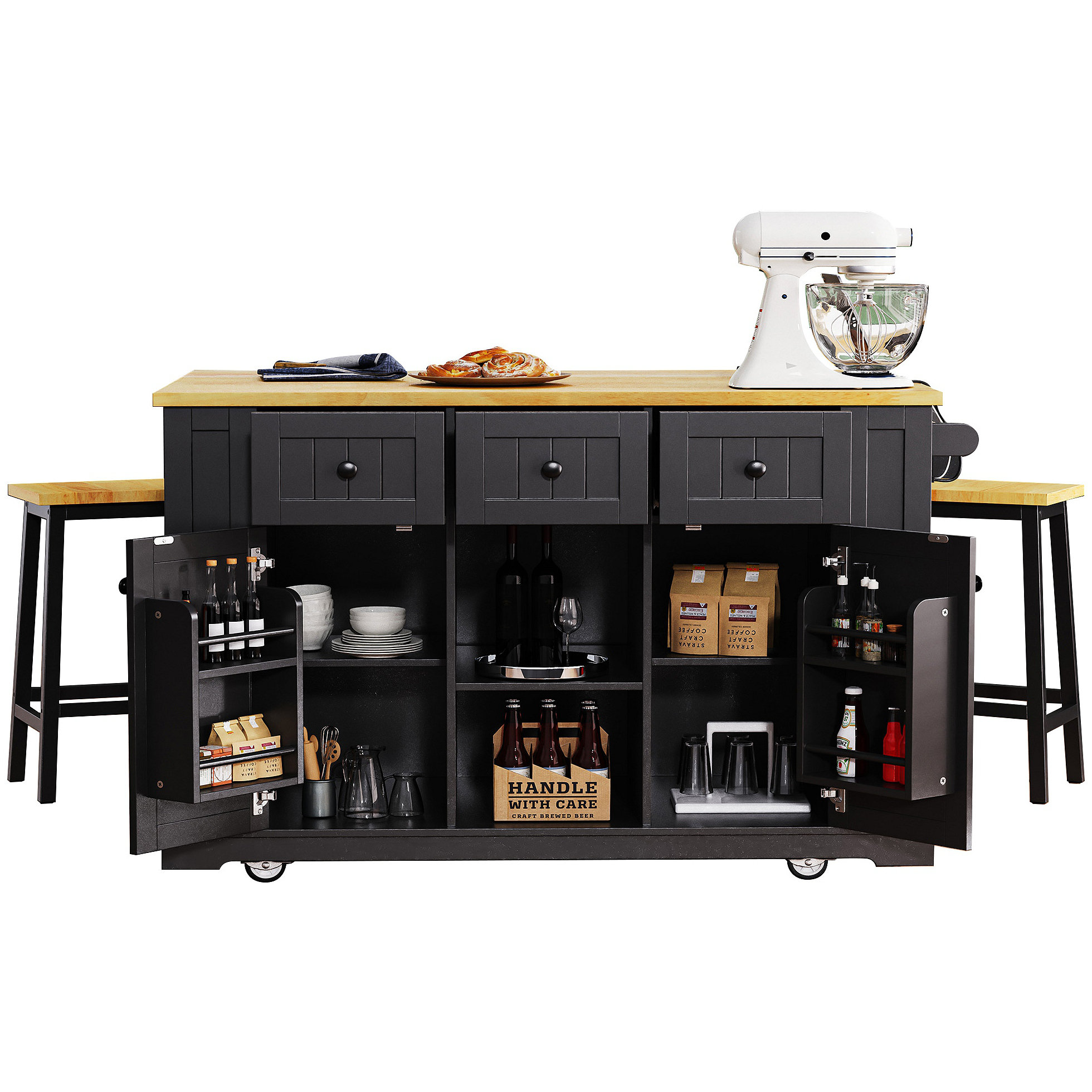 August Grove® 53Inch Large Kitchen Island With 2 Bar Stools, Power ...