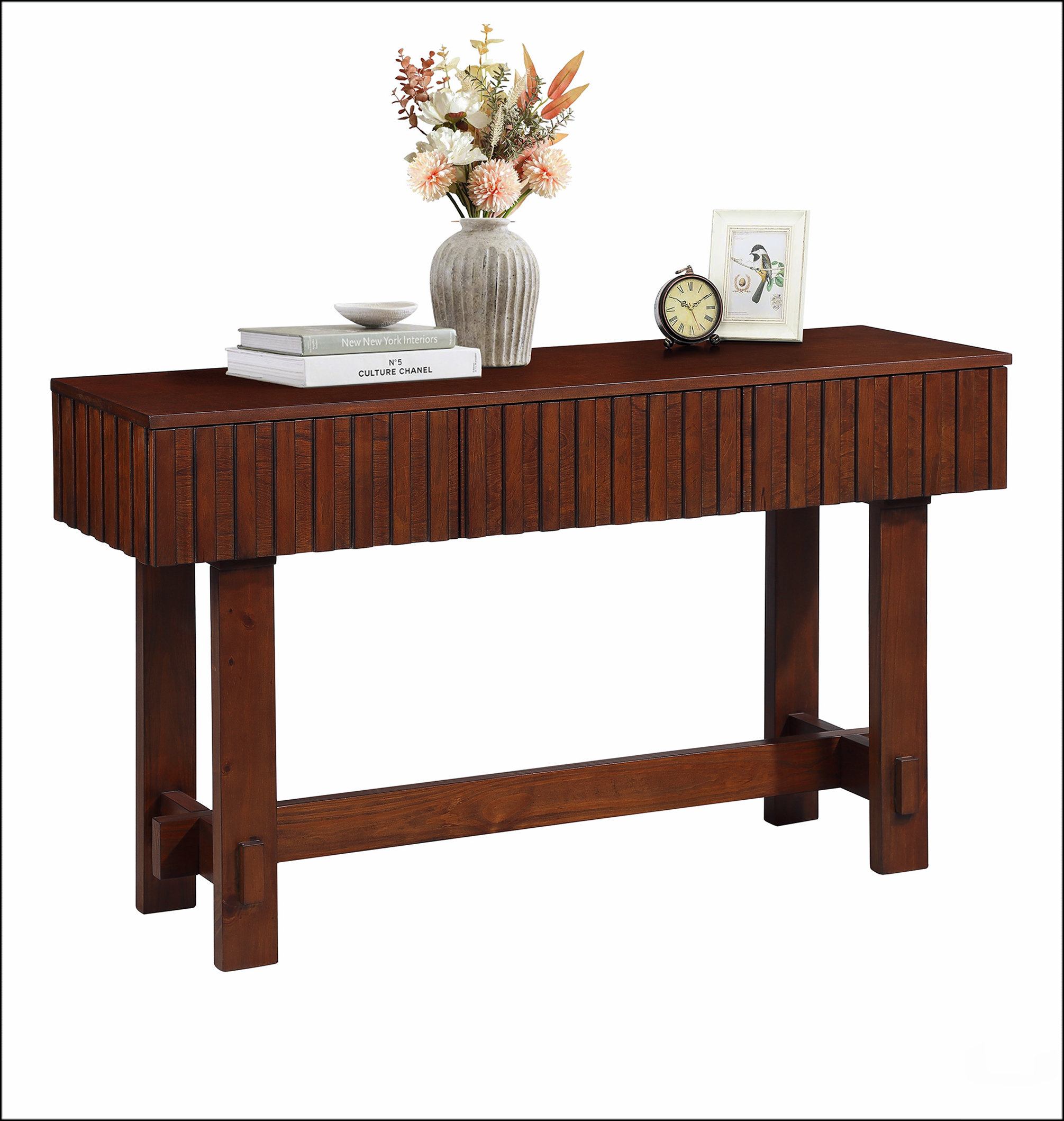 Ophelia & Co. 52 inch Sofa Table with Storage Drawers, Mid Century Farmhouse Fluted Console ...