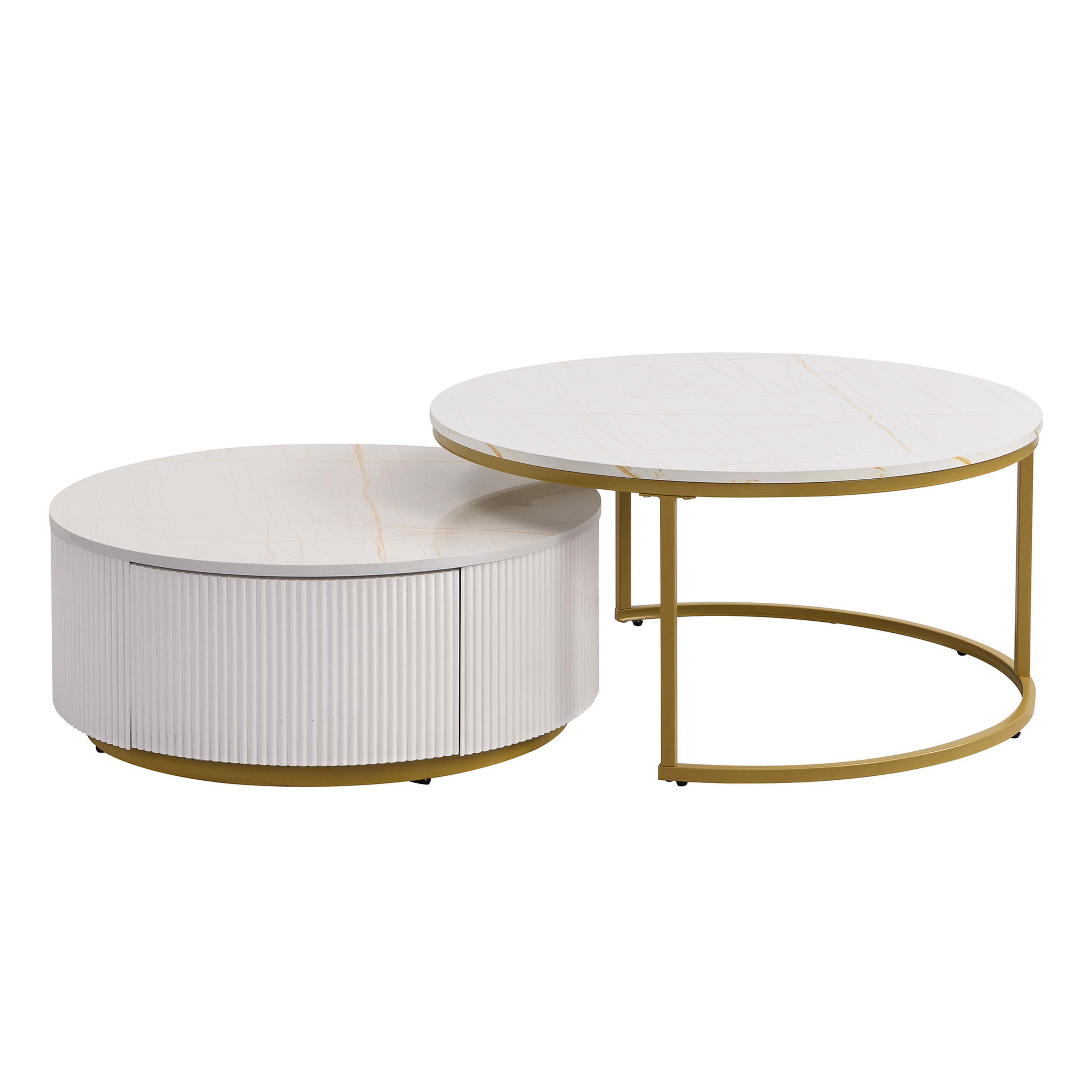 Mercer41 Modern Round Nesting Coffee Table Fluted with Drawer in White ...
