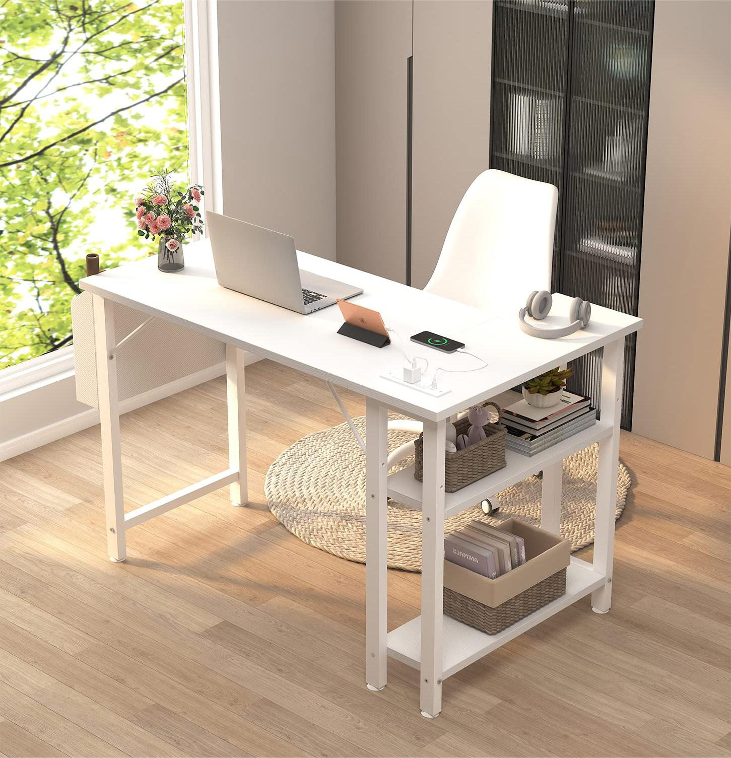 Ebern Designs Small L Shaped Desk With Power Outlet Shelves, 40 Inch ...