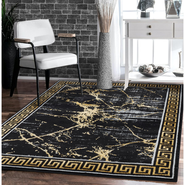 Mercer41 Area Rugs Marble Black Gold Carpet Modern Abstract Rug Living ...