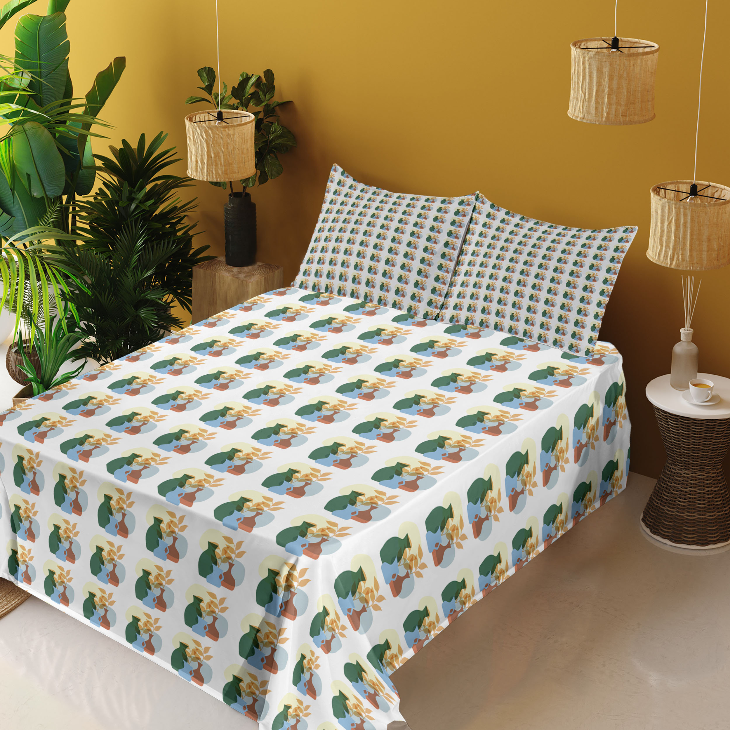 Ambesonne Tropical Sheet Set Palm Leaves Pastel Shapes Olive Green Pale ...