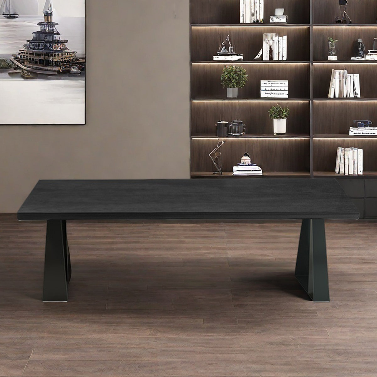 Hokku Designs Long wooden desk for study/work with carbon steel ...