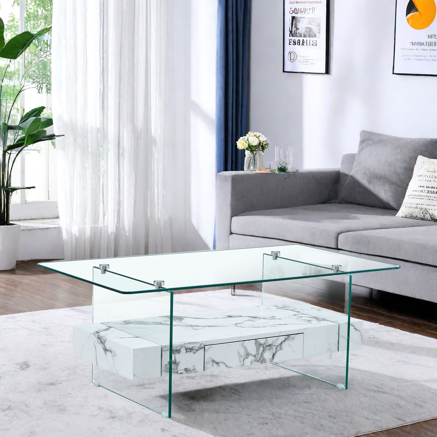 Ivy Bronx 43.3 Inch Modern Two-Tier Coffee Table - Clear Tempered Glass ...