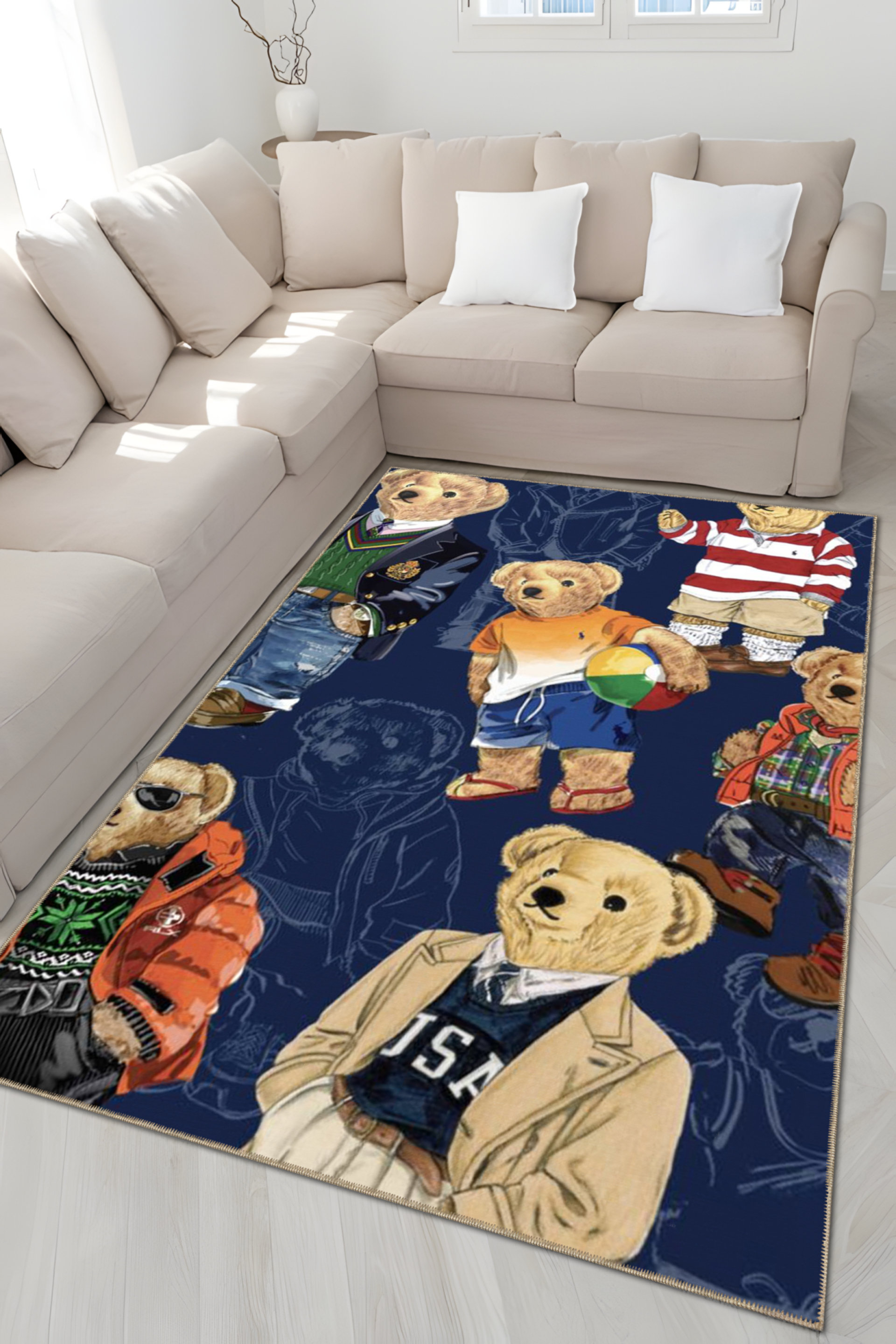 Bungalow Rose Navy Blue Themed Teddy Bear Patterned Modern Decorative ...