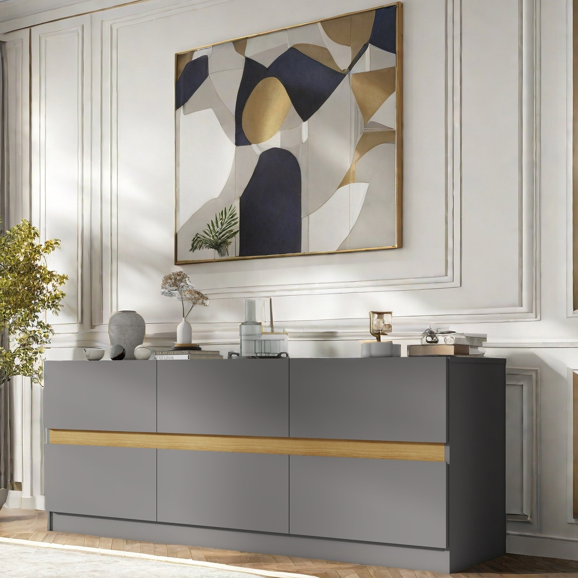 Ebern Designs Minimalist 6 Long Bedroom Drawer Dresser, Chest Of 6 ...