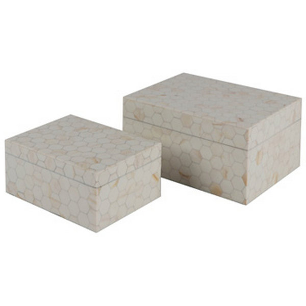 Benjara Alia Decor Storage Box Set Of 2, Rectangular, Geometric White ...
