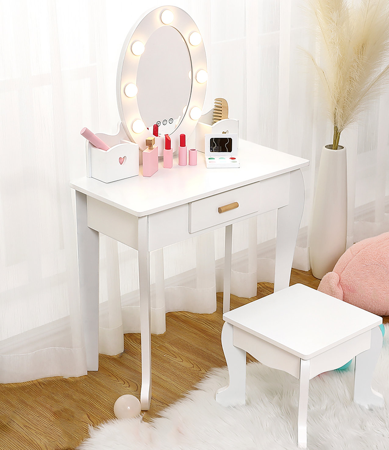 House of Hampton® Kids Makeup Dressing Table With Lights & Wood Makeup ...