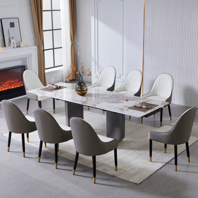 Orren Ellis Keeli Extendable Sintered Stone Dining Table with 8 Leather ...