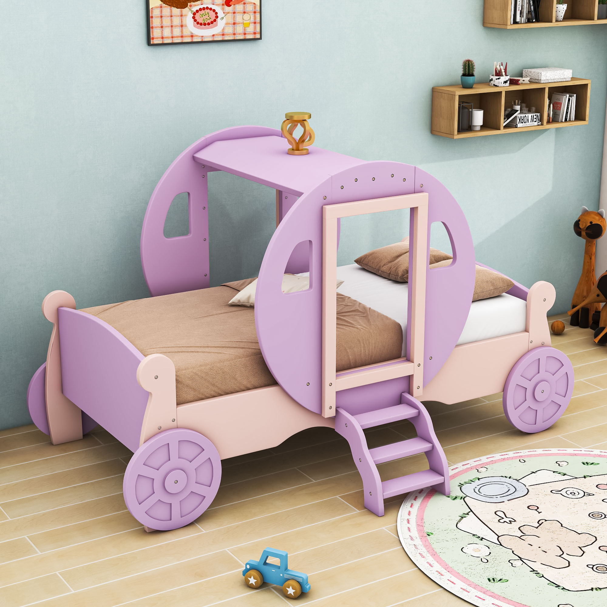 Zoomie Kids Twin Size Princess Carriage Bed With Rails And Ladder | Wayfair