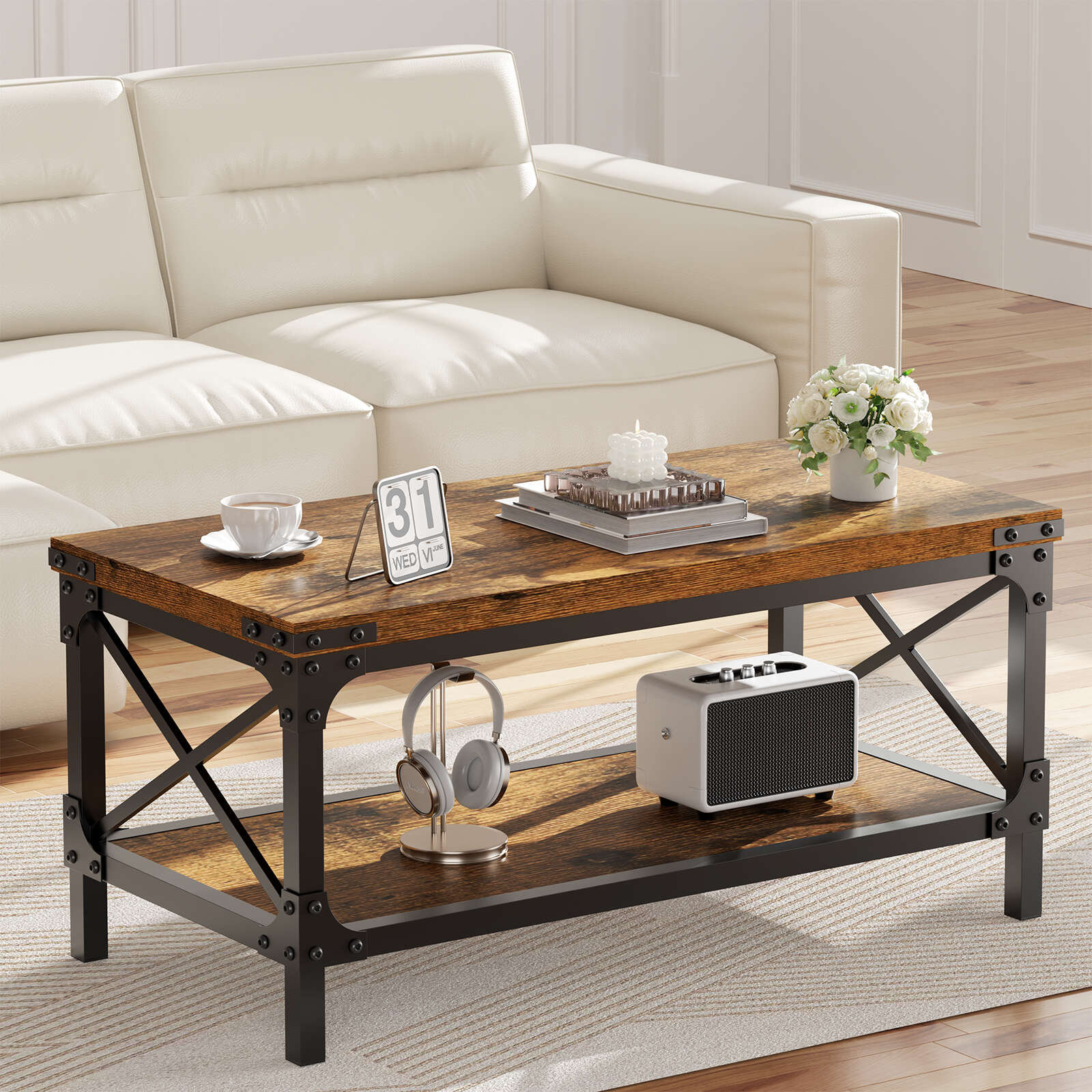 Williston Forge Rectangle Coffee Table, 2 Tier Industrial Coffee Table ...