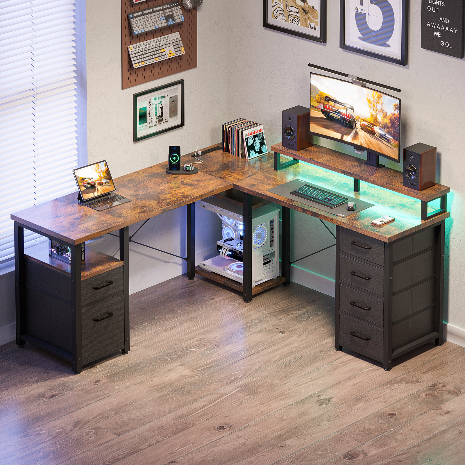 Latitude Run® Elverton L-Shaped Gaming Desk with Built in Outlets ...