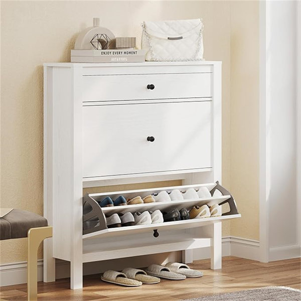 Lark Manor™ Narrow Shoe Cabinet With 2 Flip Drawer - Slim White Shoe ...