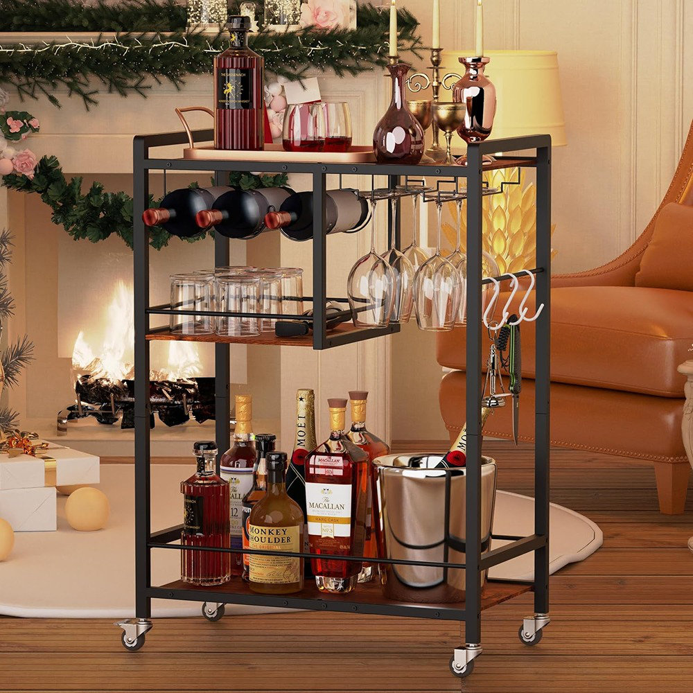 17 Stories Bar Cart For Home Portable Rolling With Wheels Wine ...