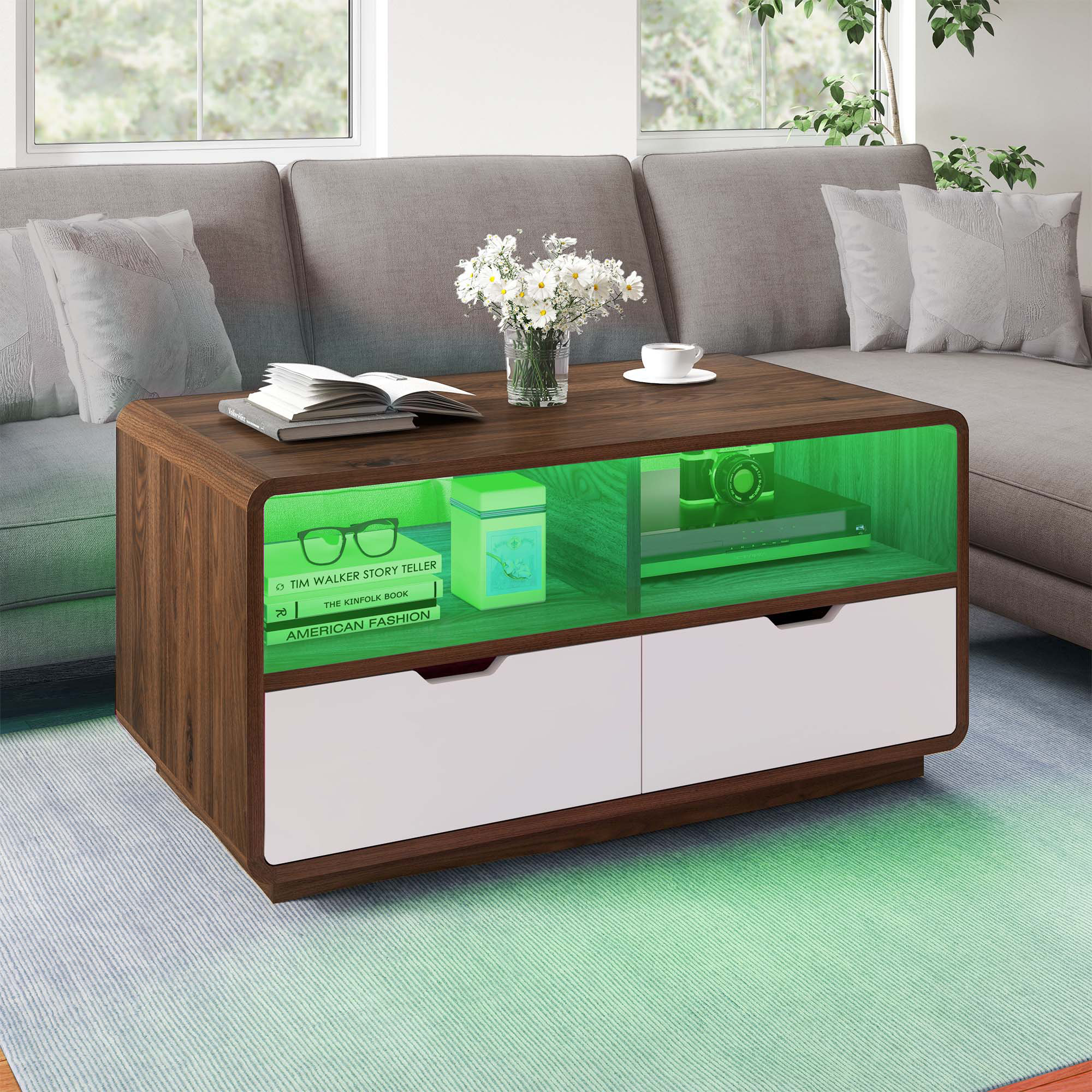 Wrought Studio™ LED Modern Rectangle Coffee Table With 2 Storage ...