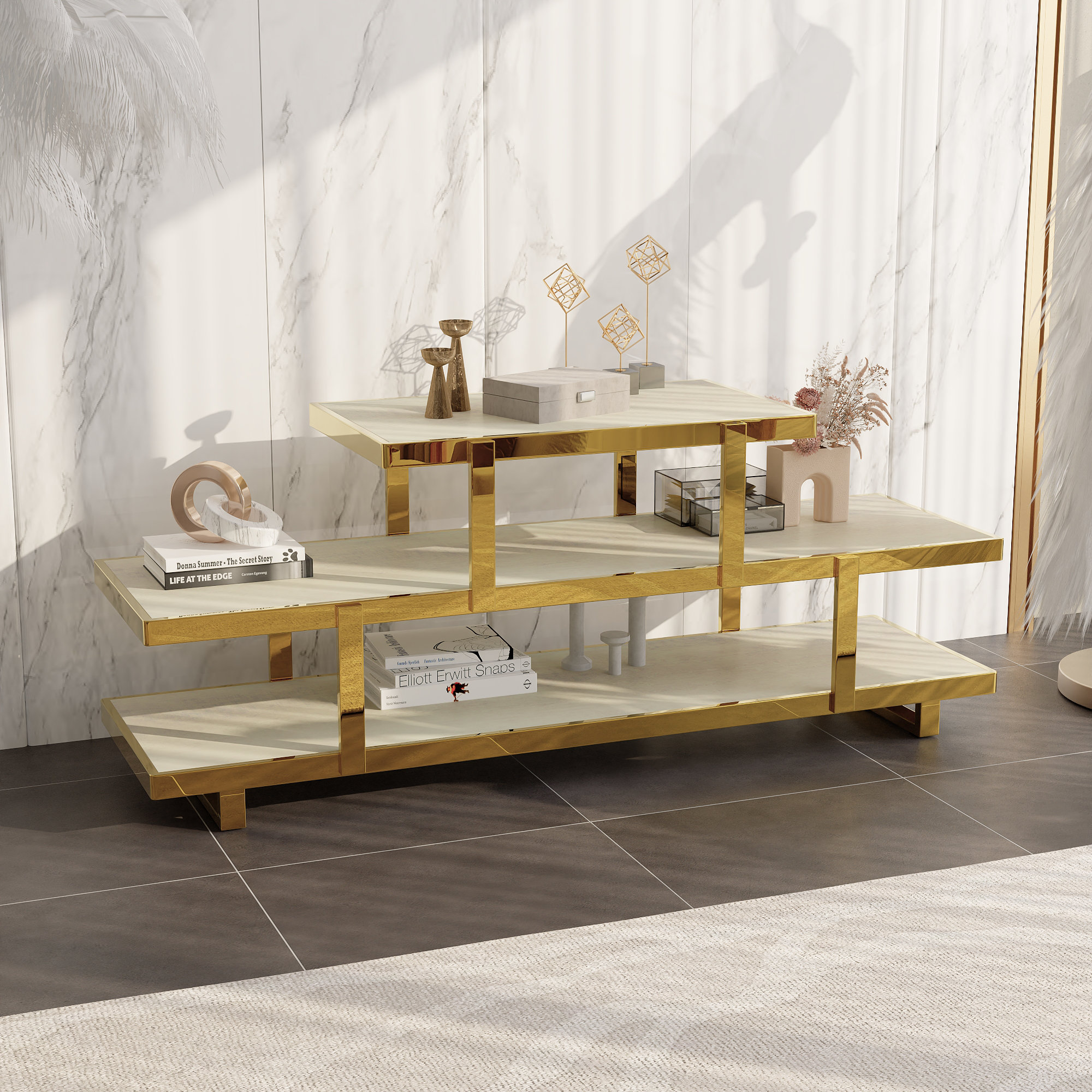 Mercer41 Gold TV Stand With 60 Inch Tempered Glass Top, TV Console With ...