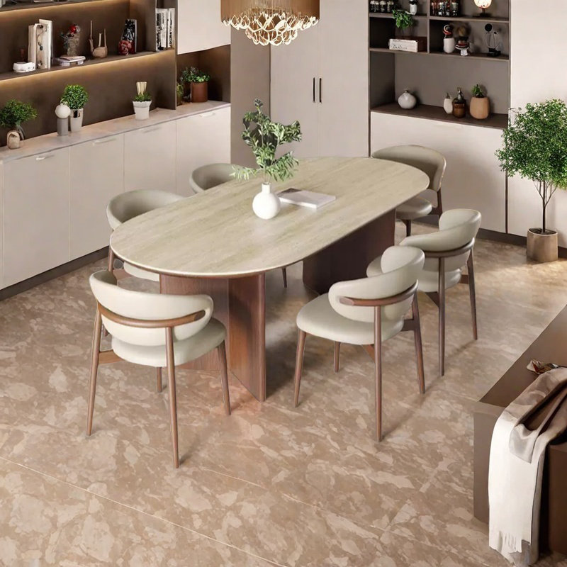 RESROS Sintered Stone Dining Table with V Shaped Solid Wo | Wayfair