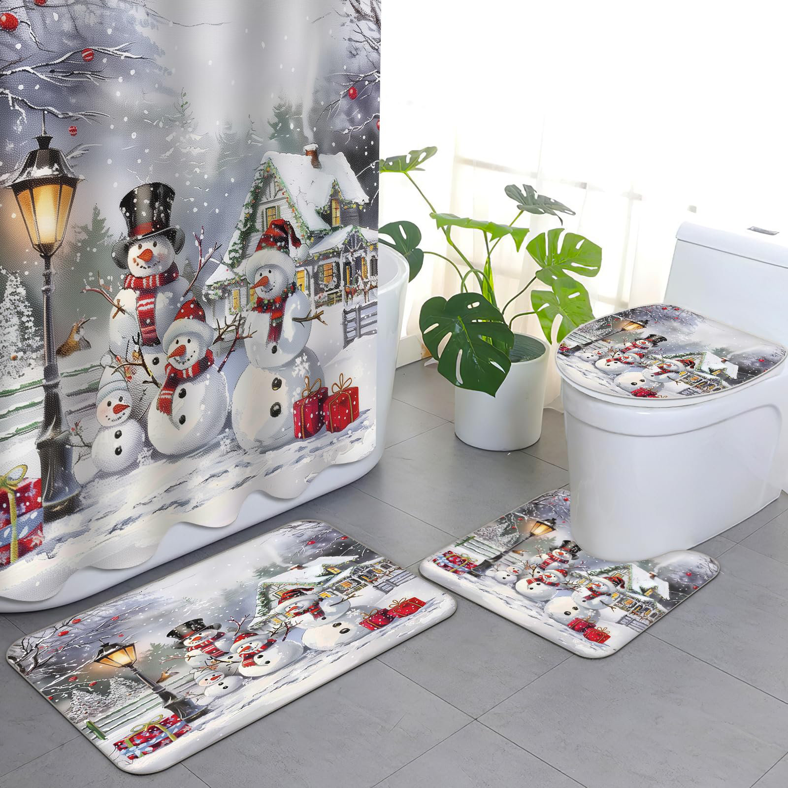 The Holiday Aisle® Christmas Snowman Shower Curtain Set with Rugs for ...