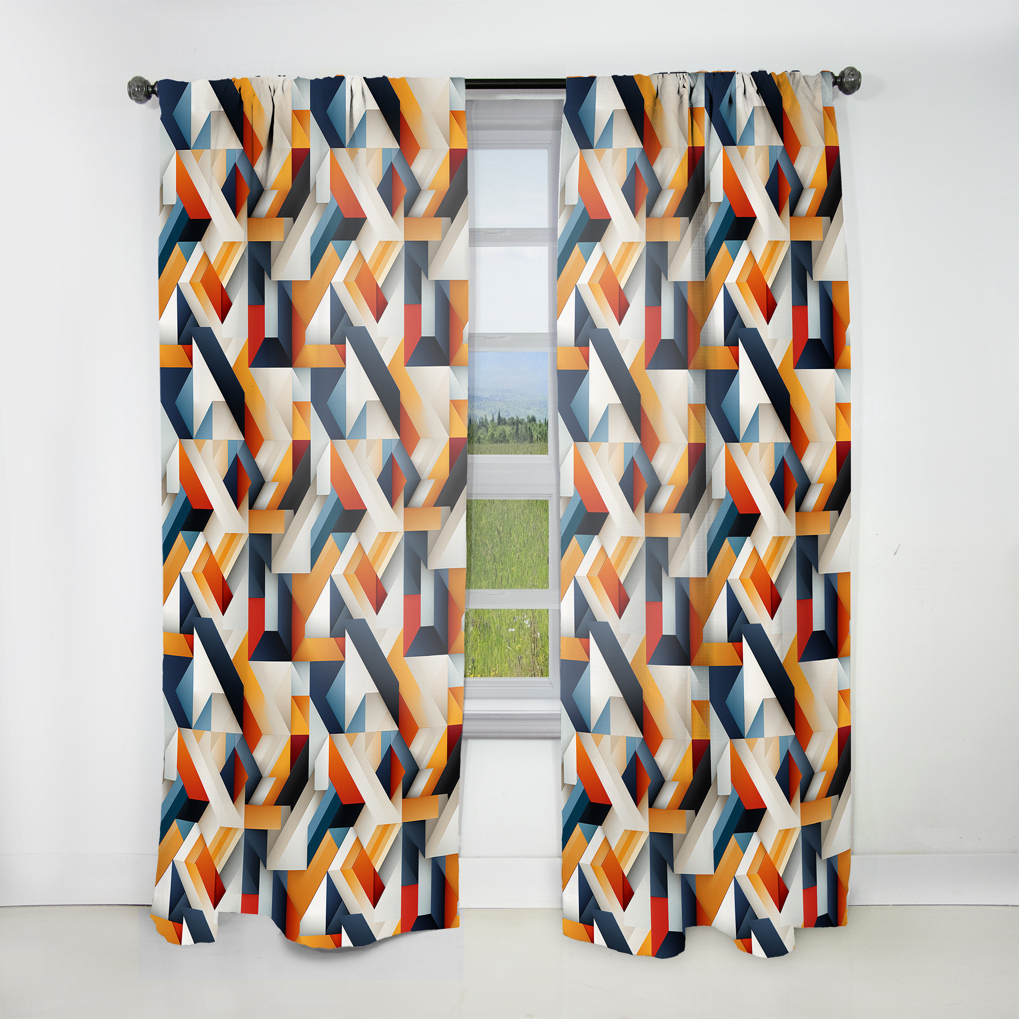 Design Art Orange And Grey Geometric Fusion - Abstract Curtain - Velvet ...