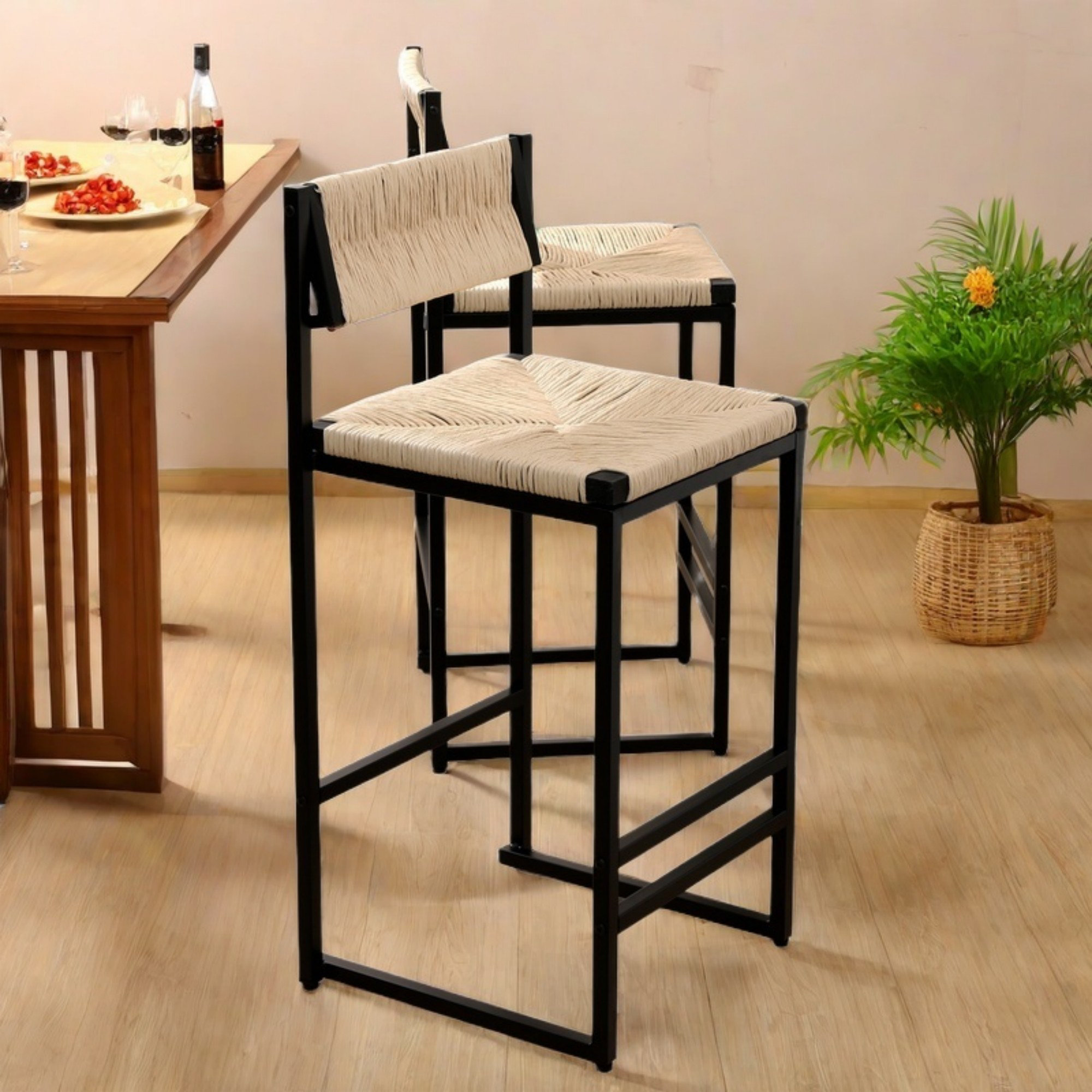 17 Stories Sansoucy Of 2 Bar Stools Paper Rope Weave Dining Chairs And ...
