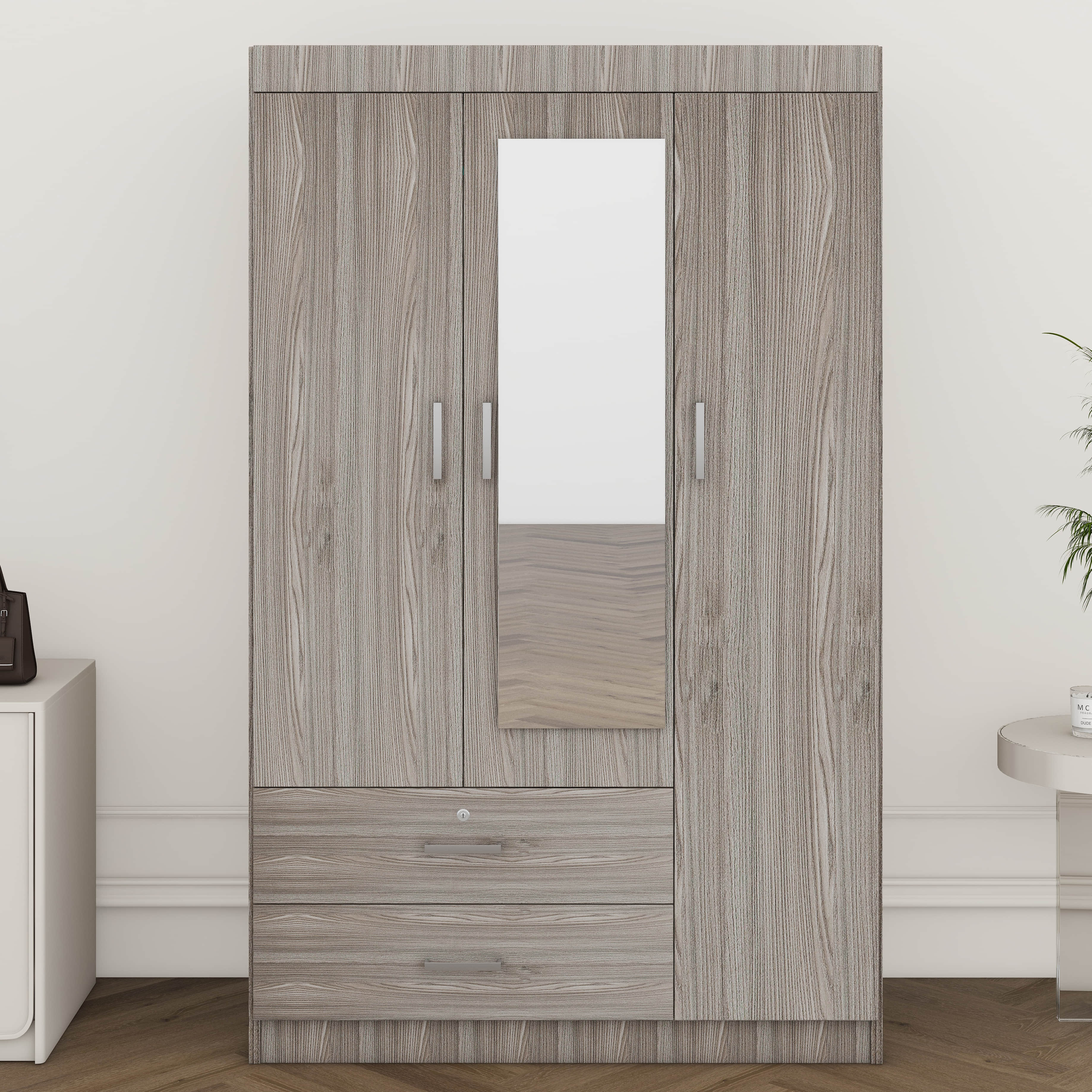 Latitude Run® 3 Doors Wardrobe Closet With Locking Drawers And Shelves ...