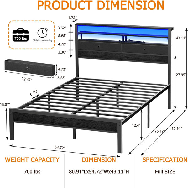 Wrought Studio Structure de lit double avec tête de lit et 2 tiroirs en ...