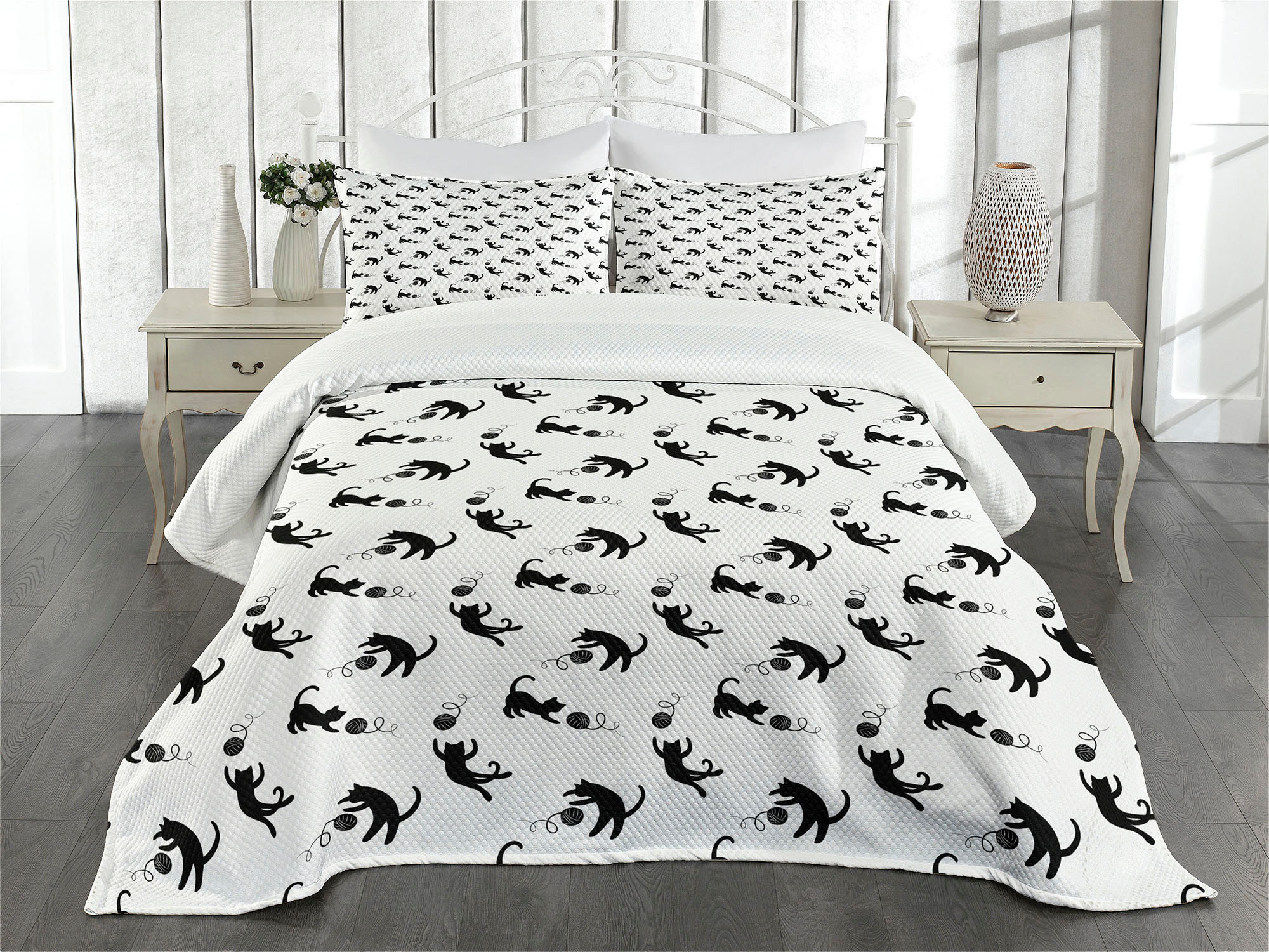 Ambesonne Cat Bedspread Set Chasing After Yarn Balls Black White | Wayfair