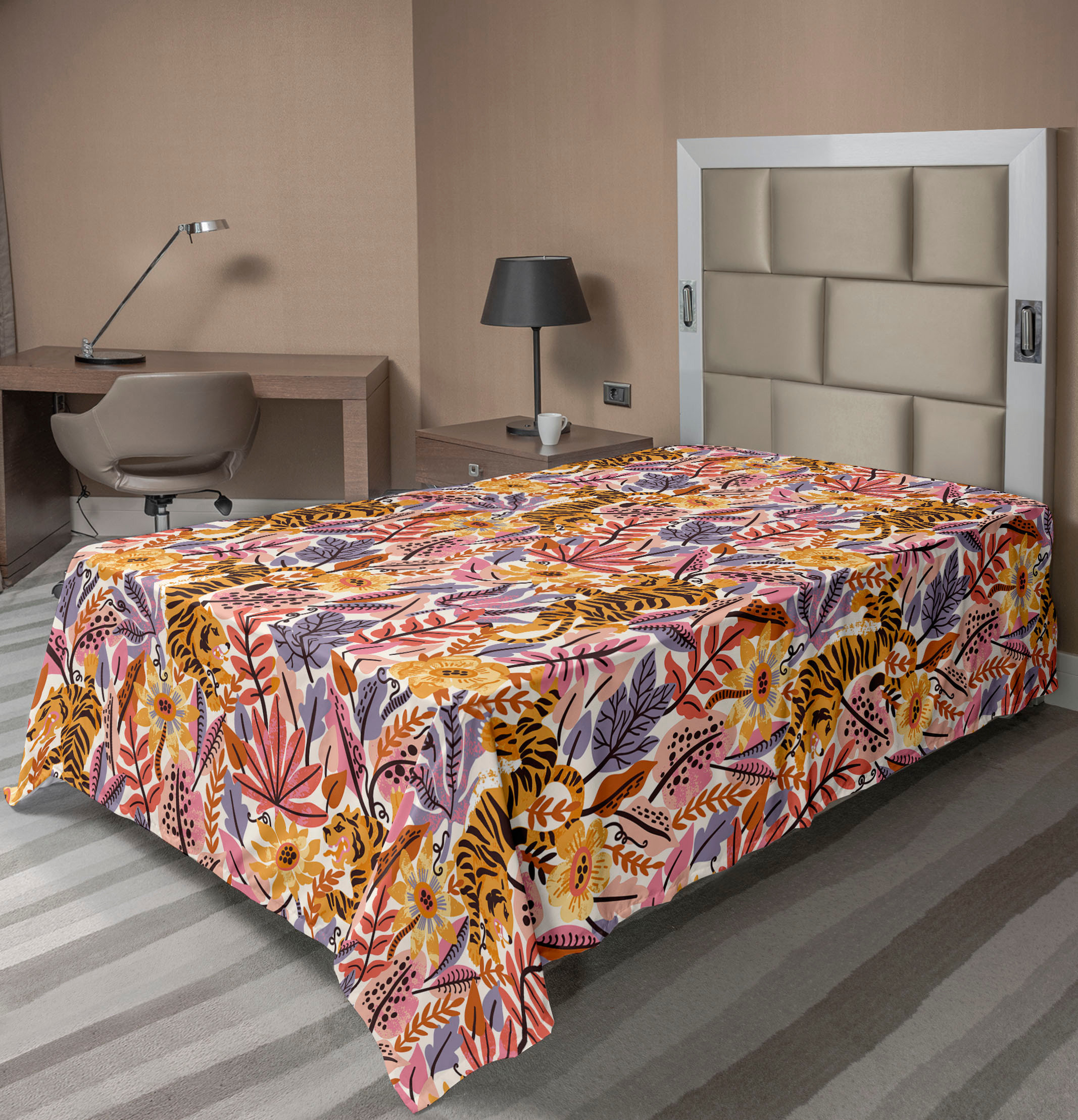 Ambesonne Exotic Life Flat Sheet Tropical Leaves Tiger Size Coral ...