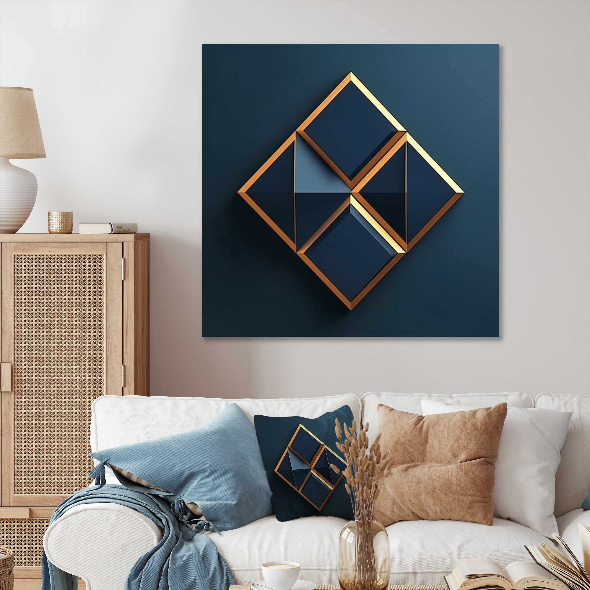 Ebern Designs Retro Diamond Geometry in Blue and Gold I - Print | Wayfair