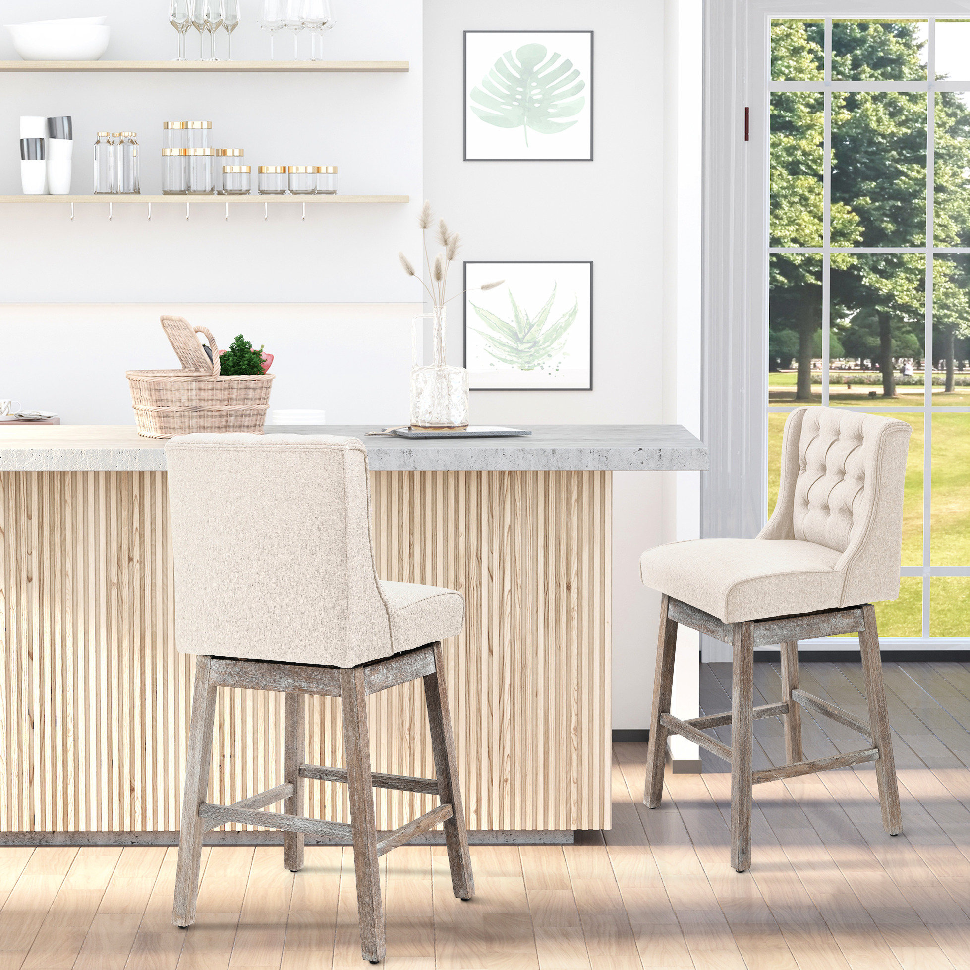 Wildon Home® Beige Bar Stool , 180 Degree Swivel, Solid Wood Footrest ...
