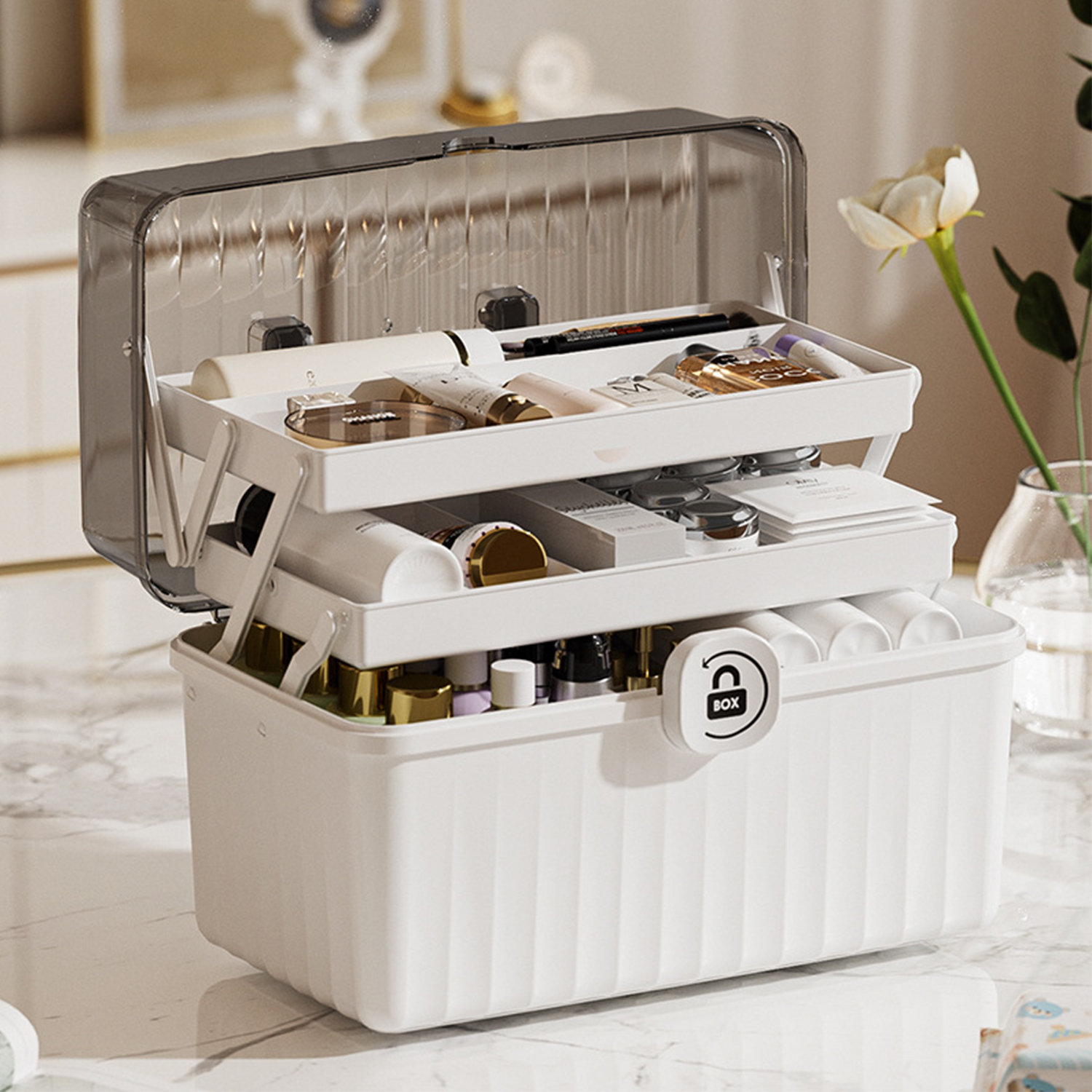 Rebrilliant 3 Tier Medicine Organizer With Tray & Rotating Lock Ivory ...