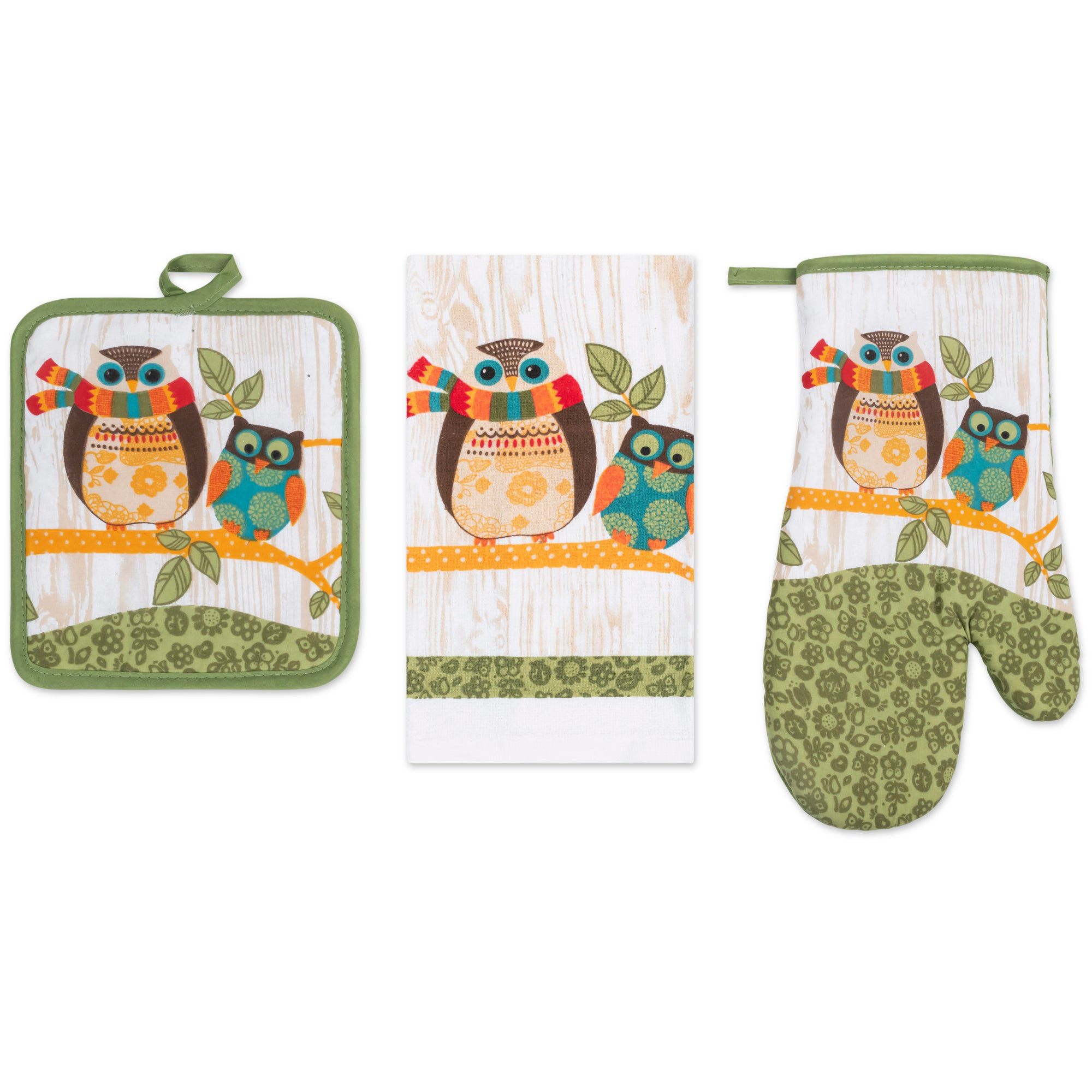 PREMIUS 3 Piece Printed Kitchen Linen Set, Owls, 1 Cotton Towel, 1 Pot Holder, 1 Oven Mitt | Wayfair