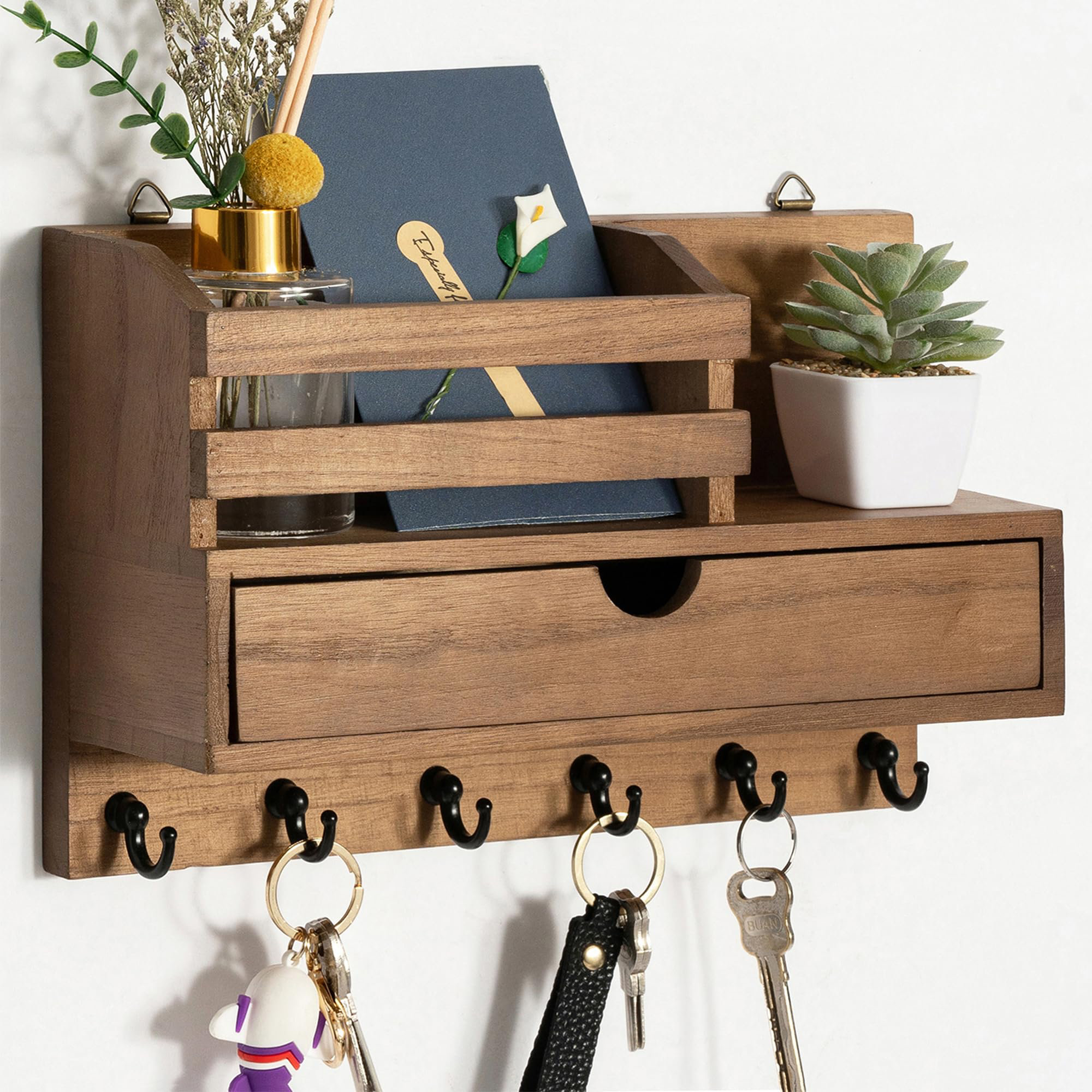 Ebern Designs Wall Mounted Mail Organizer With 6 Hooks And Storage ...