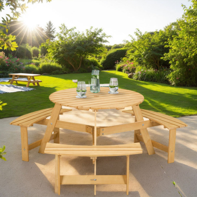 iYofe Kate Round Wooden 6 Person 35'' Long Picnic Table | Wayfair