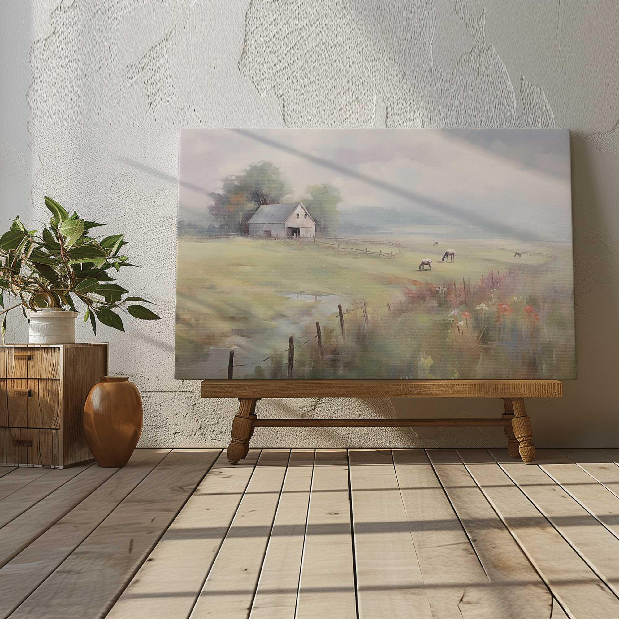 Winston Porter Tranquil Farmhouse Pasture Print on Canvas | Wayfair