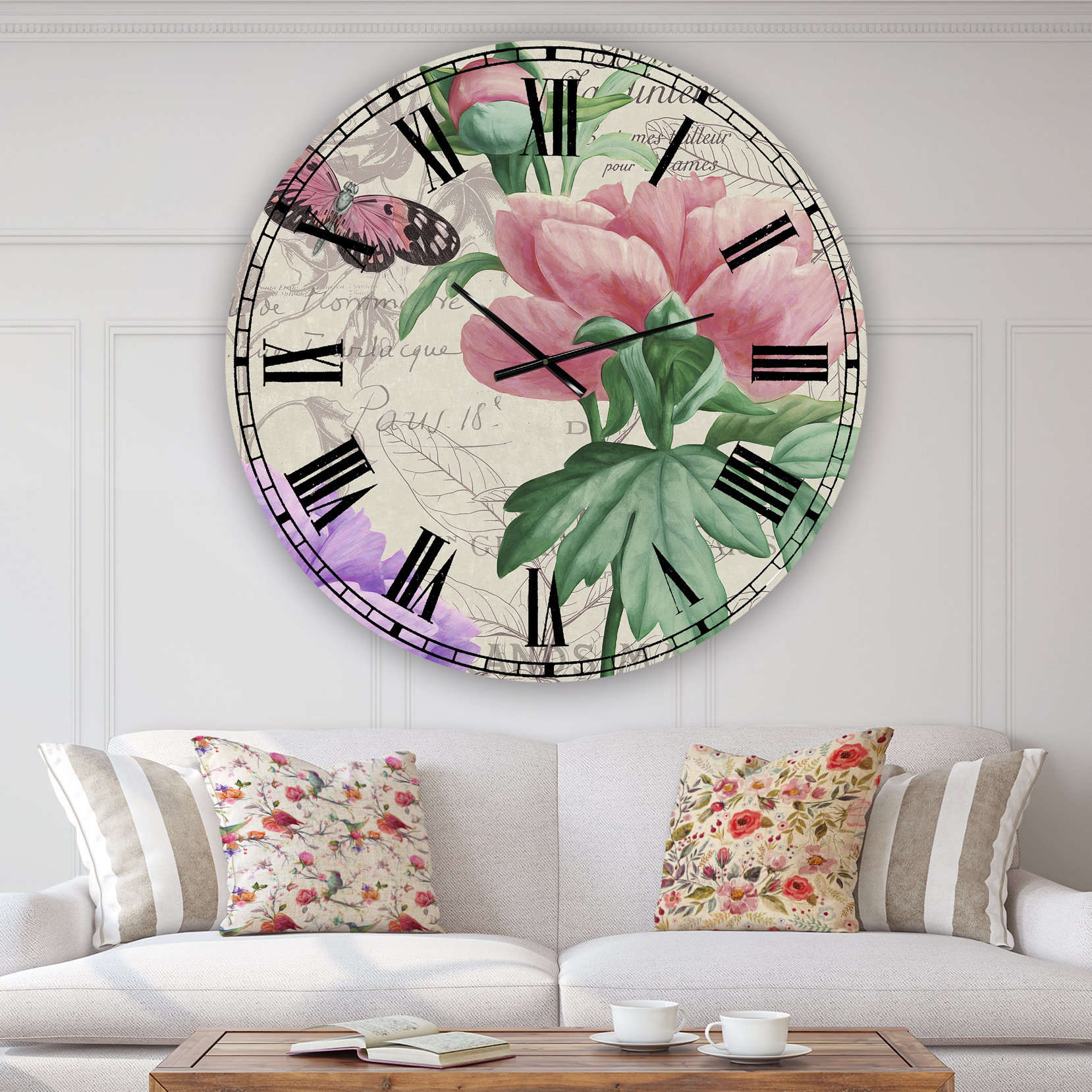 East Urban Home Vintage Flowers II - Large Cottage Wall Clock | Wayfair