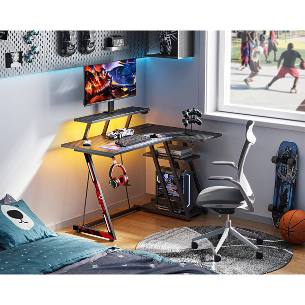 Ivy Bronx Small Gaming Desk with LED Lights & Power Outlets, 39 Inch L ...