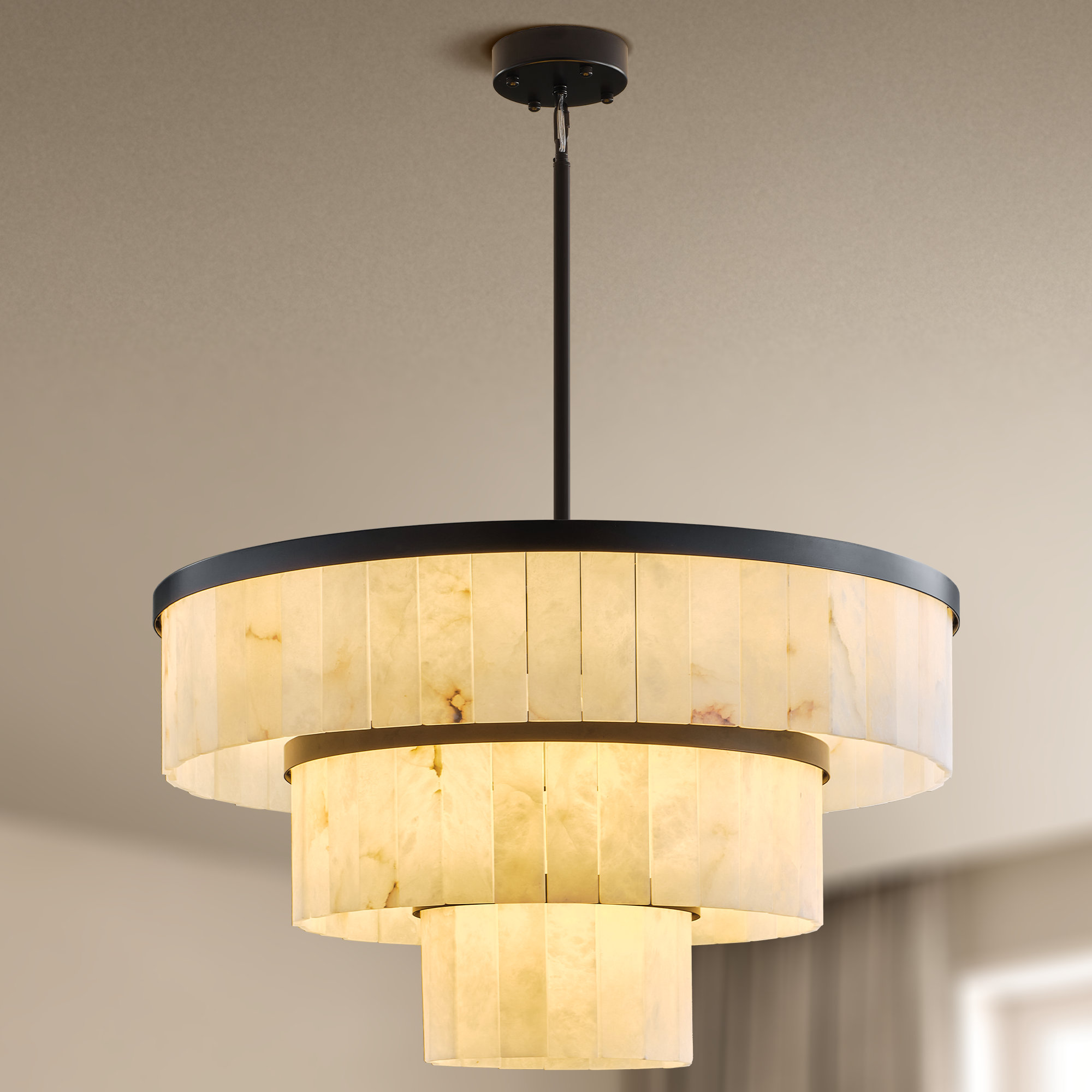 Everly Quinn Jakob Dual-Layer Round Kitchen Island Alabaster Chandelier ...