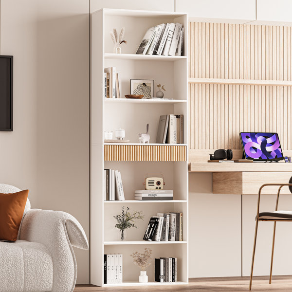 Latitude Run® 72" Tall Bookshelf with Fluted Drawer, 6-Tier Modern ...