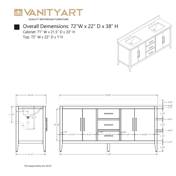 Vanity Art 72'' Double Bathroom Vanity with Engineered Marble Top ...